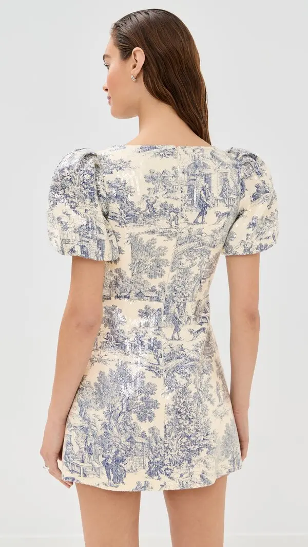 Tanner Fletcher Helene Puff Sleeve Sequin Toile Dress In Blue Toile Sequin  - 80% Off | Editorialist