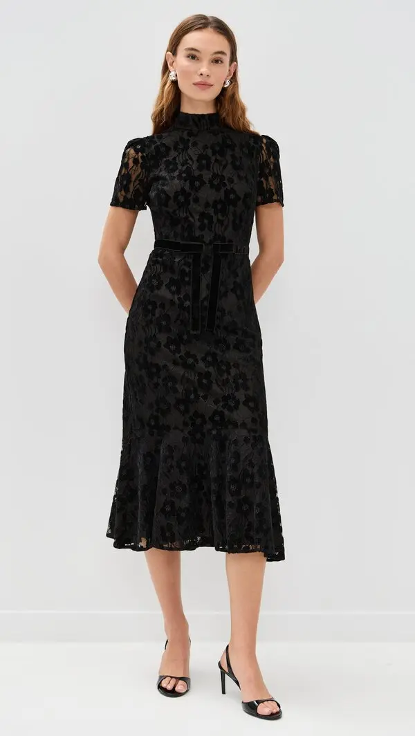 Shoshanna Pierre Floral Lace Midi Dress - Jet | Editorialist