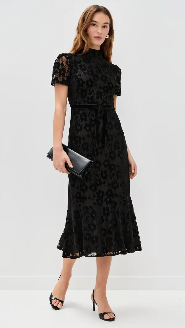 Shoshanna Pierre Floral Lace Midi Dress - Jet | Editorialist