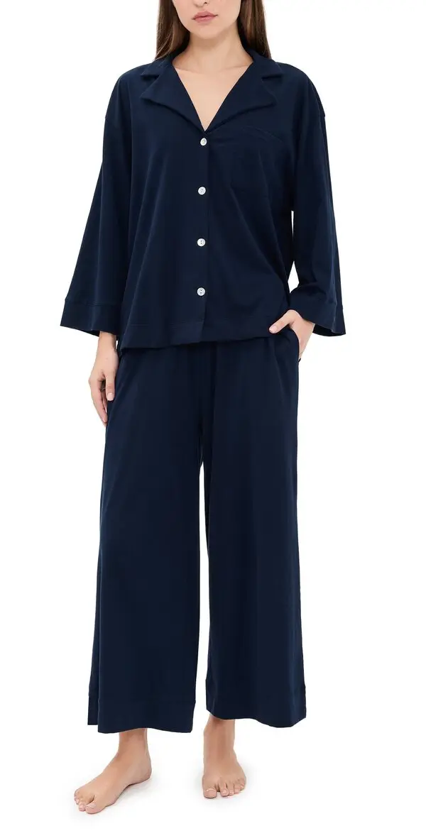 PETITE PLUME Pima Cotton Wide Leg Pajama Set - Navy