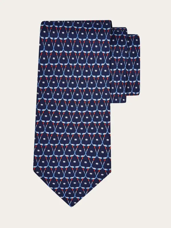 FERRAGAMO Hockey Print Silk Neck Tie - Blue