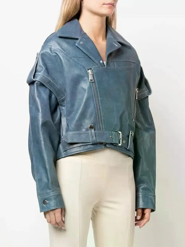 MANOKHI Calf Leather Biker Jacket - Blue