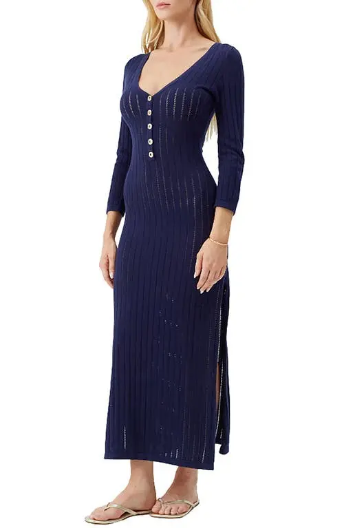 Melissa Odabash Jade Long Sleeve Semisheer Cotton Cover-up Dress - Navy