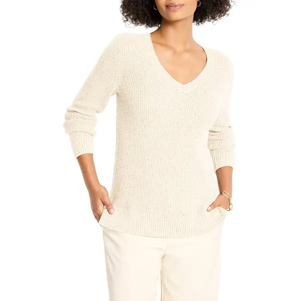 NIC+ZOE Shimmer V-neck Waffle Stitch Sweater - Classic Cream