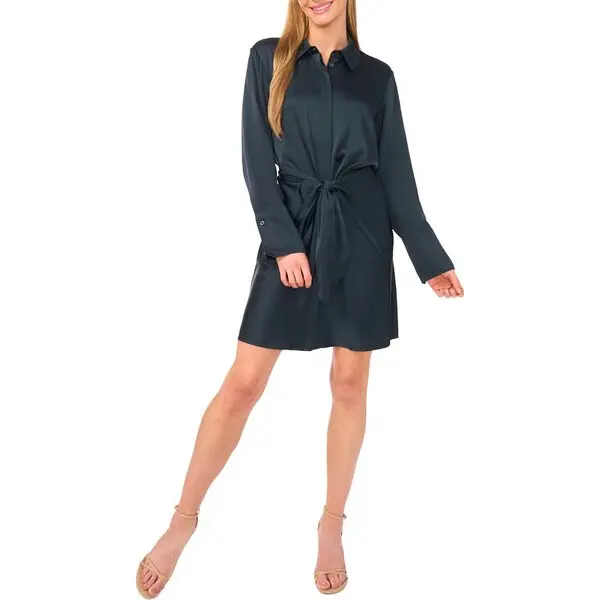 Ted Baker London Center Twist Long Sleeve Hammered Satin Shirtdress - Forest River
