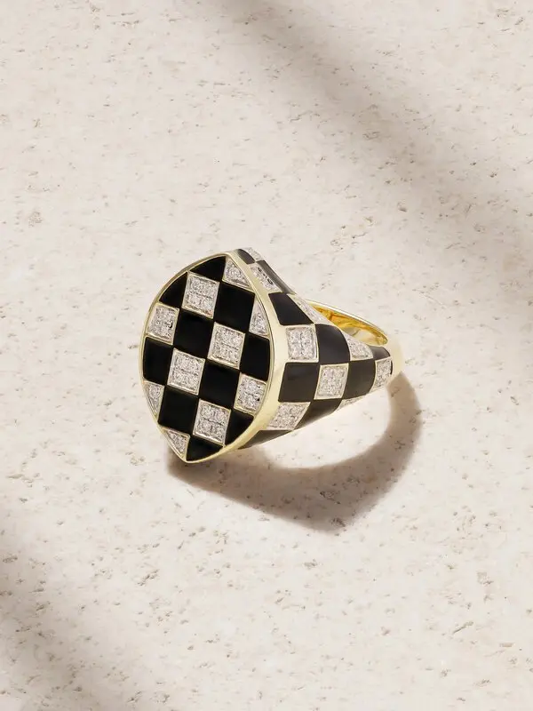 Yvonne Léon Chevalière Marquise Damier Ring - Black