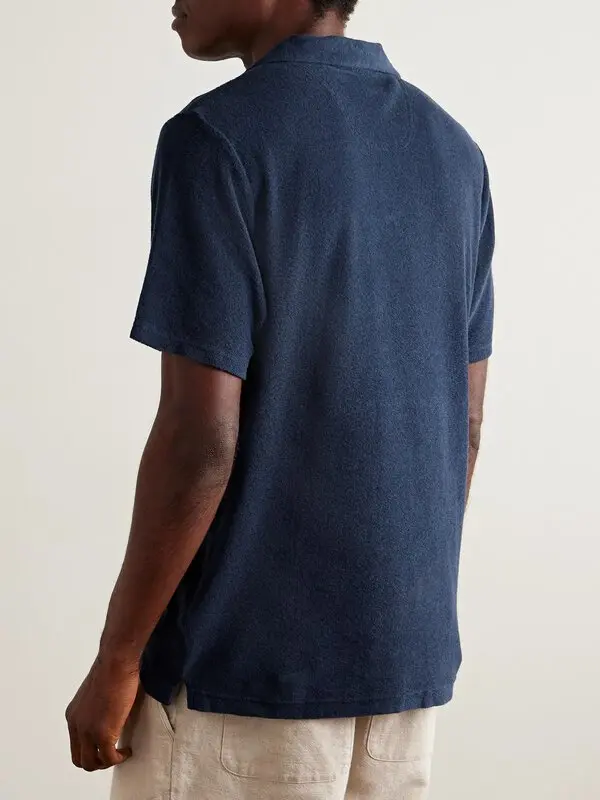 Frescobol Carioca Faustino Camp-collar Cotton, Lyocell And Linen-blend Terry Polo Shirt - Blue