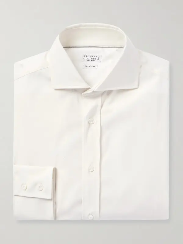 Brunello Cucinelli Cutaway-collar Virgin Wool Shirt - White