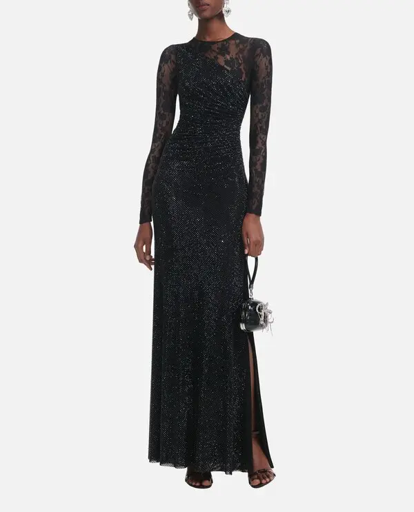 SELF-PORTRAIT Long Dress With Lace Sleeves And Rhinestones - Black