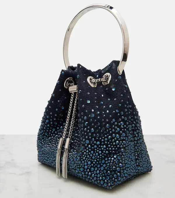 JIMMY CHOO Bon Bon Embellished Mesh Bucket Bag - Blue