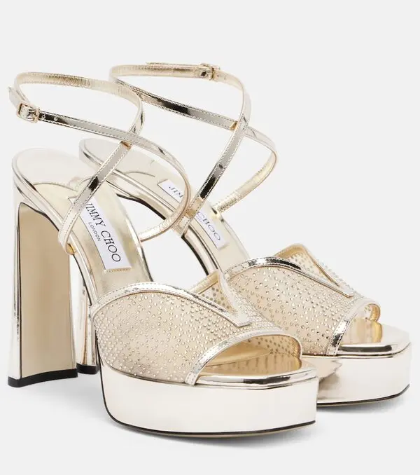 JIMMY CHOO Karli 125 Mesh And Leather Platform Sandals - Gold