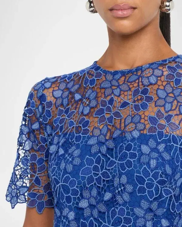 Shoshanna Floral Lace Flounce Mermaid Midi Dress - Navy