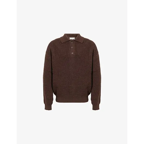 THE COUTURE CLUB Waffle Long-sleeve Knitted Polo Top - Brown