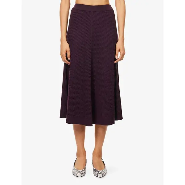 Victoria Beckham Ribbed Flared Wool Midi Skirt