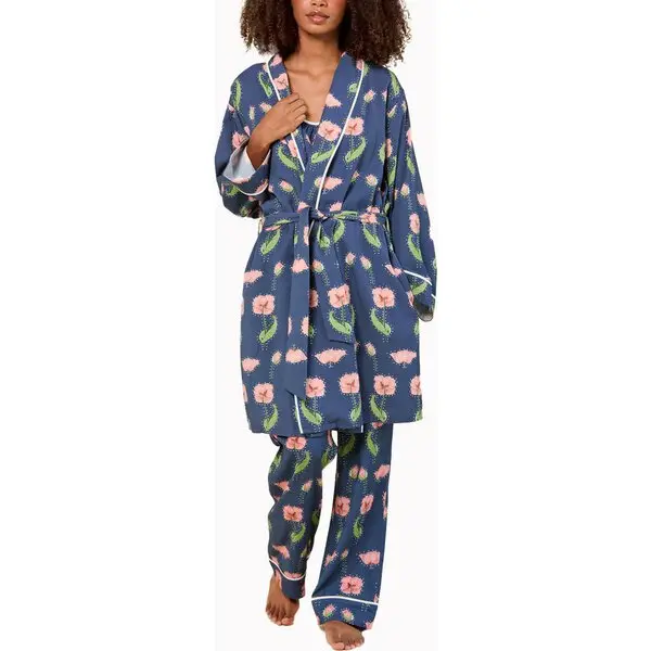 KATIE KIME Rhinestone Flower Lounge Robe - Navy
