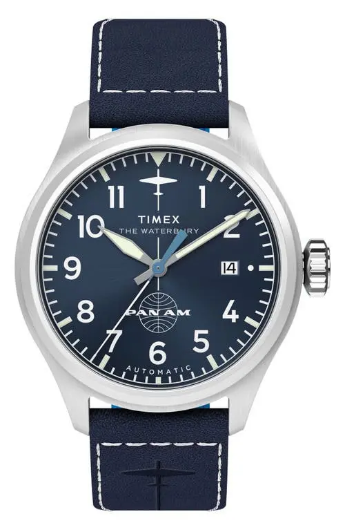 TIMEX® Waterbury Ace Automatic Leather Strap Watch - Blue