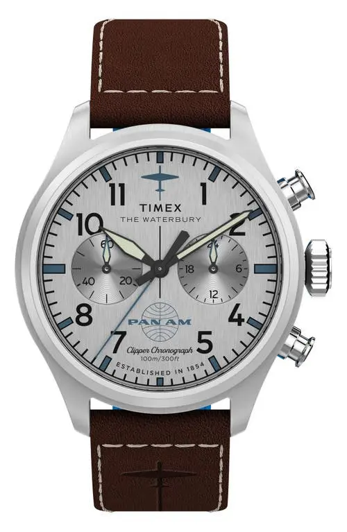 TIMEX® X Pan Am® Waterbury Ace Chronograph Leather Strap Watch - Silverone