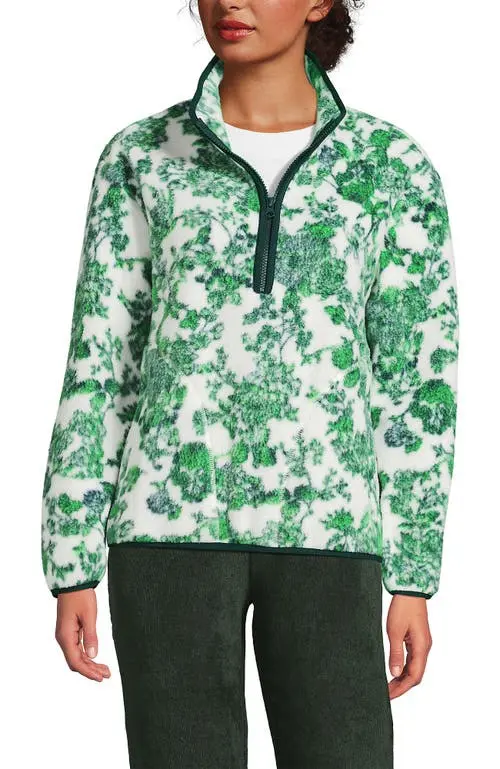 LANDS' END Half Zip High Pile Fleece Pullover - Emerald Floral