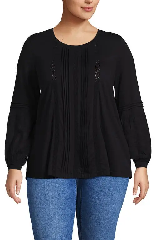 LANDS' END Long Sleeve Pintuck Lace Top - Black
