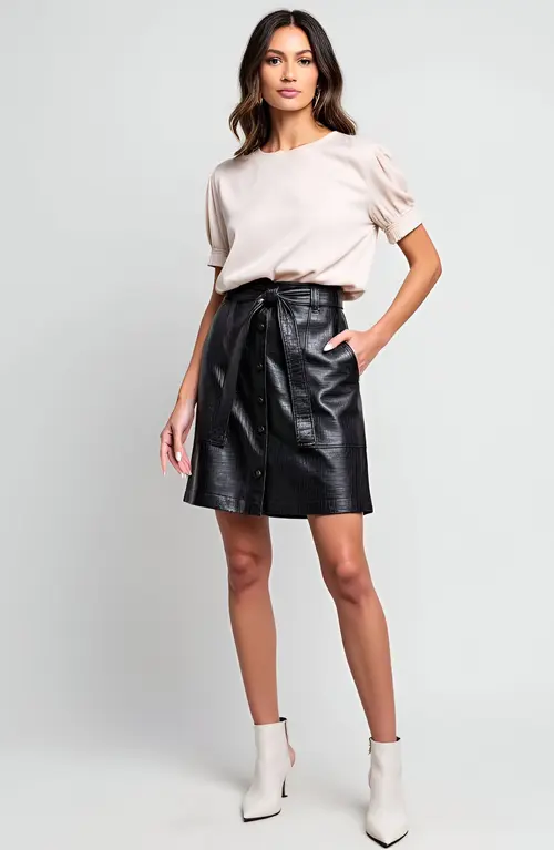 MODENAIRE Belted Faux Leather Mini Skirt With Patch Pockets