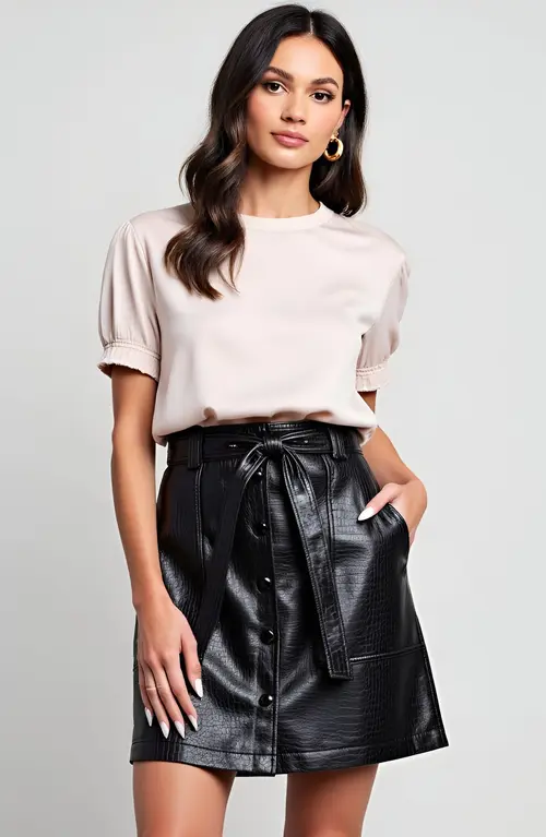 MODENAIRE Belted Faux Leather Mini Skirt With Patch Pockets