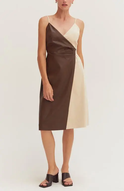 CRESCENT Mixed Media Wrap Midi Dress - Brown/bone