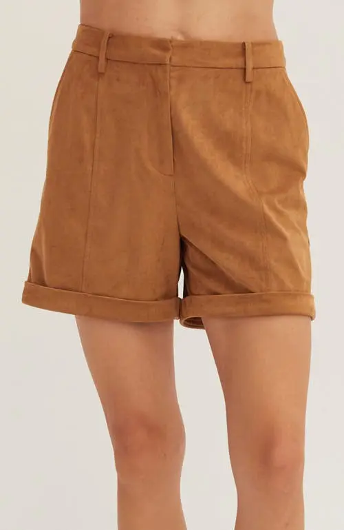 CRESCENT Suede Cuffed Hem High-waisted Shorts - Camel