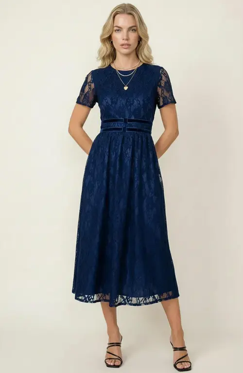 MODENAIRE Lace Midi Dress With Velvet Waistband - Navy
