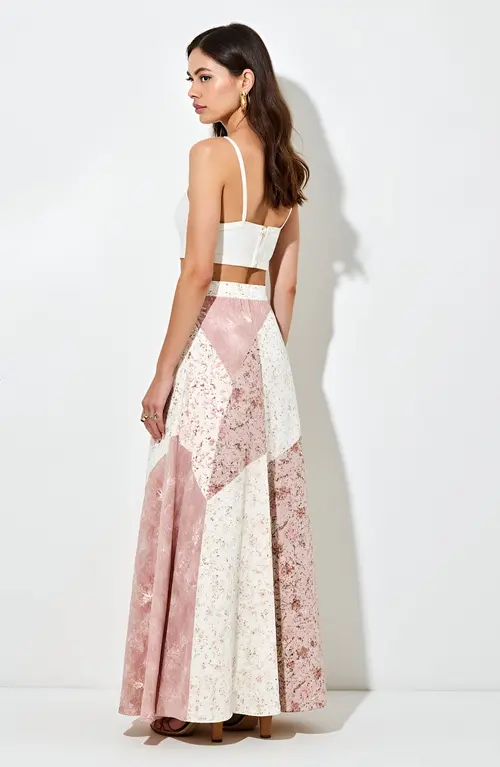 MODENAIRE Modaire Chevron Panel Floral Print Maxi Skirt
