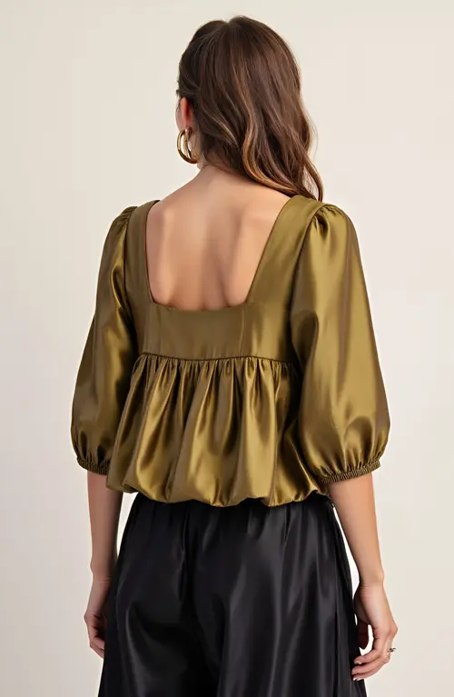 MODENAIRE Gathered Bubble Hem Puff Sleeve Top