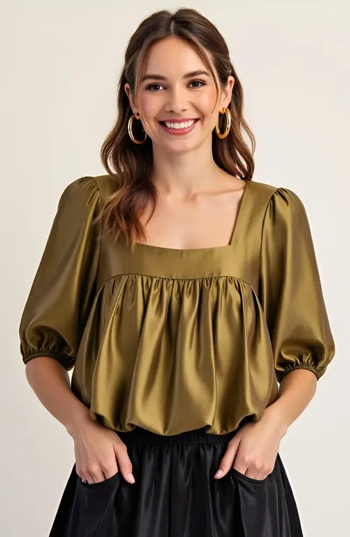 MODENAIRE Gathered Bubble Hem Puff Sleeve Top