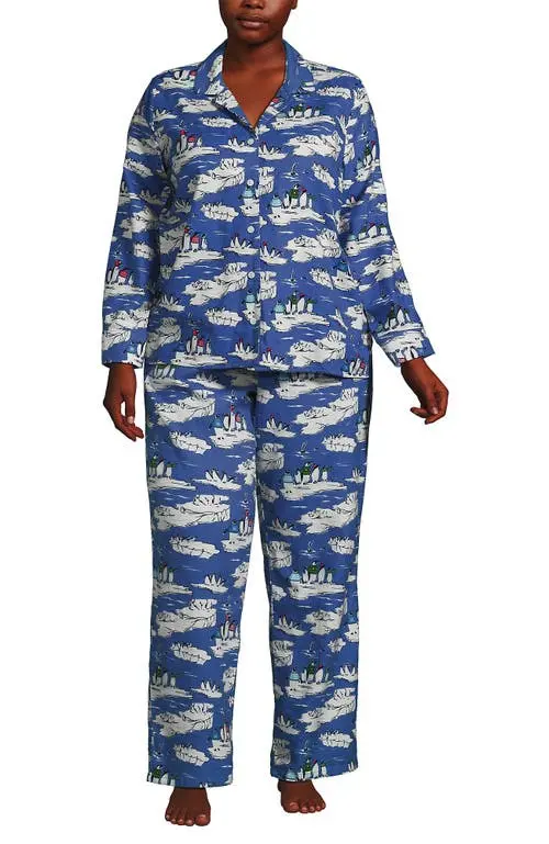 LANDS' END Flannel 2 Piece Pajama Setlong Sleeve Shirt And Pants - Cobalt Blue Holiday Penguins