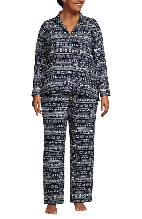 LANDS' END Flannel 2 Piece Pajama Setlong Sleeve Shirt And Pants - Deep Sea Deer Fairisle