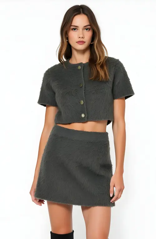 MODENAIRE Fuzzy Knit Crop Top And Mini Skirt Set