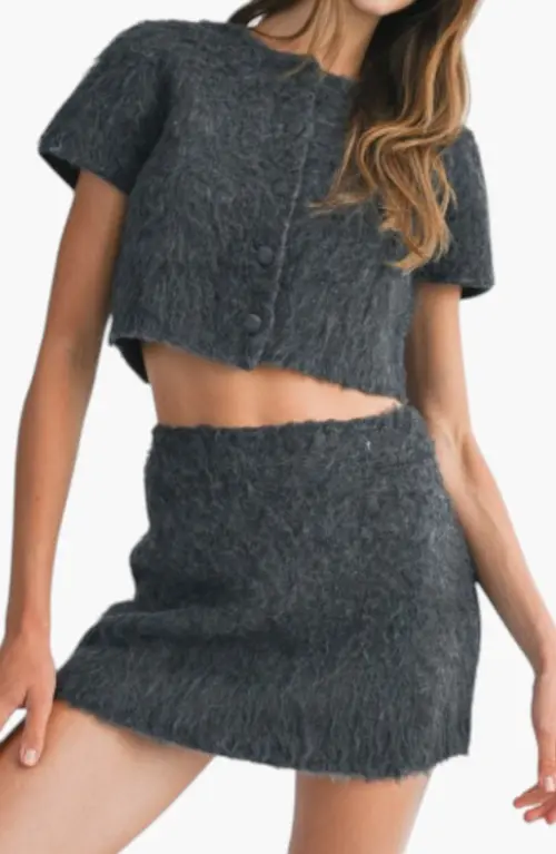 MODENAIRE Fuzzy Knit Crop Top And Mini Skirt Set