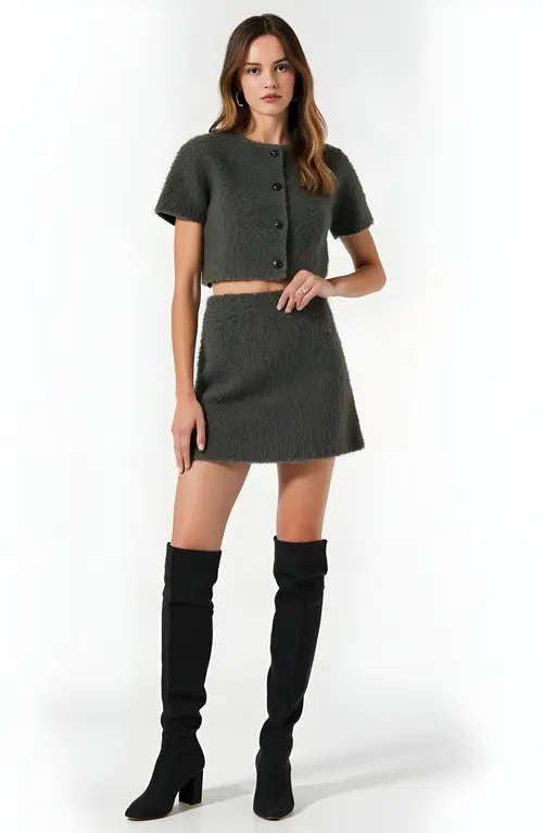 MODENAIRE Fuzzy Knit Crop Top And Mini Skirt Set