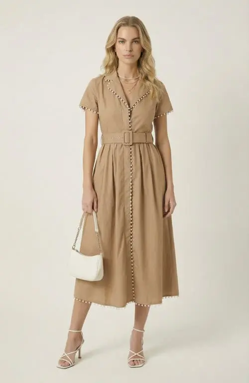 MODENAIRE Short Sleeve Collared Midi Shirt Dress With Pearl Details And Belt - Beige