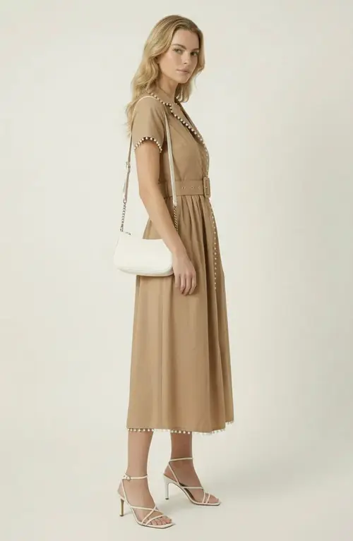 MODENAIRE Short Sleeve Collared Midi Shirt Dress With Pearl Details And Belt