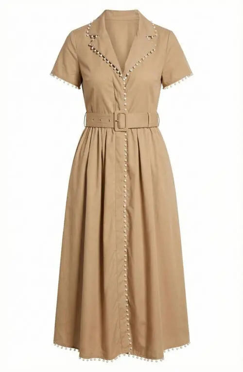 MODENAIRE Short Sleeve Collared Midi Shirt Dress With Pearl Details And Belt