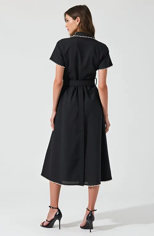 MODENAIRE Short Sleeve Collared Midi Shirt Dress With Pearl Details And Belt