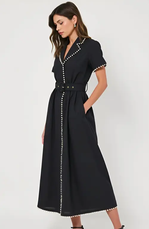 MODENAIRE Short Sleeve Collared Midi Shirt Dress With Pearl Details And Belt