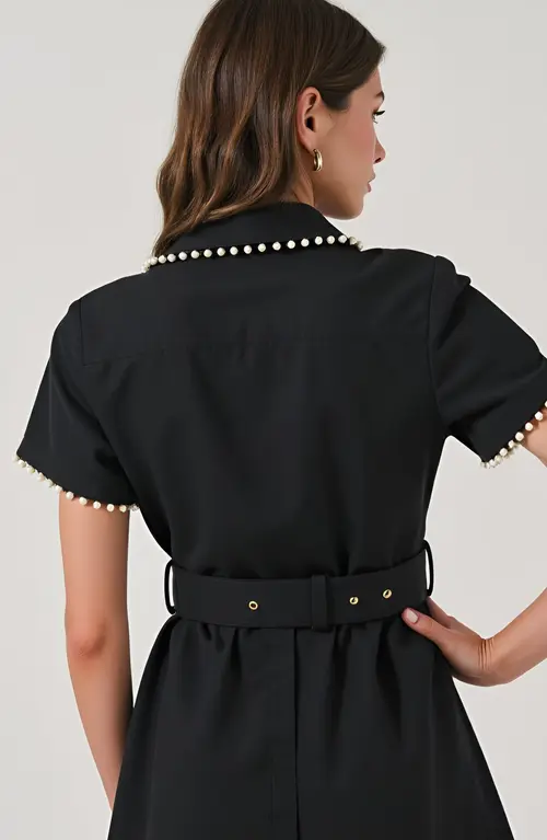 MODENAIRE Short Sleeve Collared Midi Shirt Dress With Pearl Details And Belt
