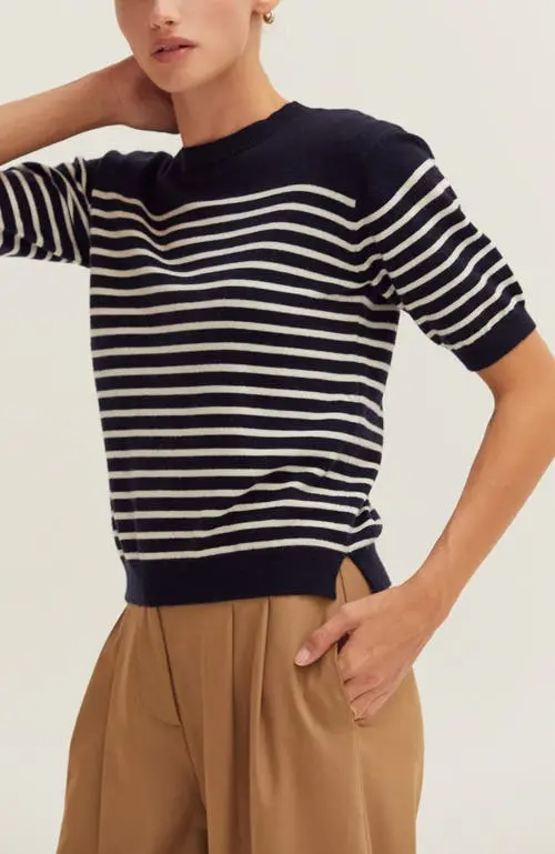 CRESCENT Striped Short Sleeve Sweater Top - Navy/ivory