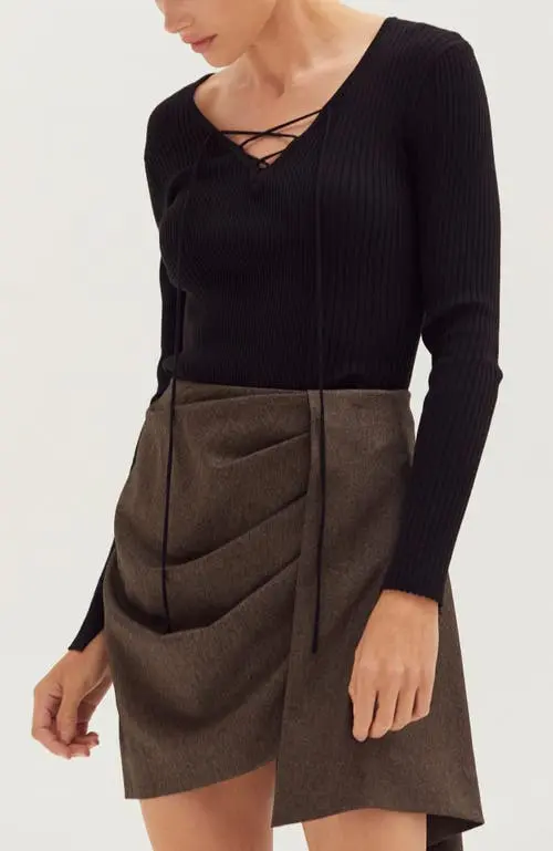 CRESCENT Lace-up Ribbed Knit Top - Black