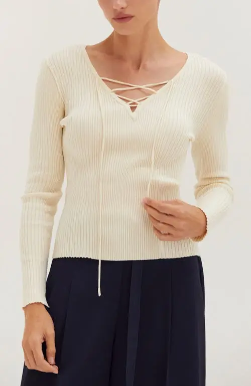 CRESCENT Lace-up Ribbed Knit Top - Cream
