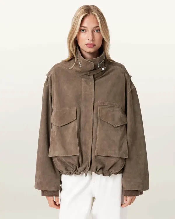 ALLSAINTS Clay Suede Cropped Jacket - Walnut Brown