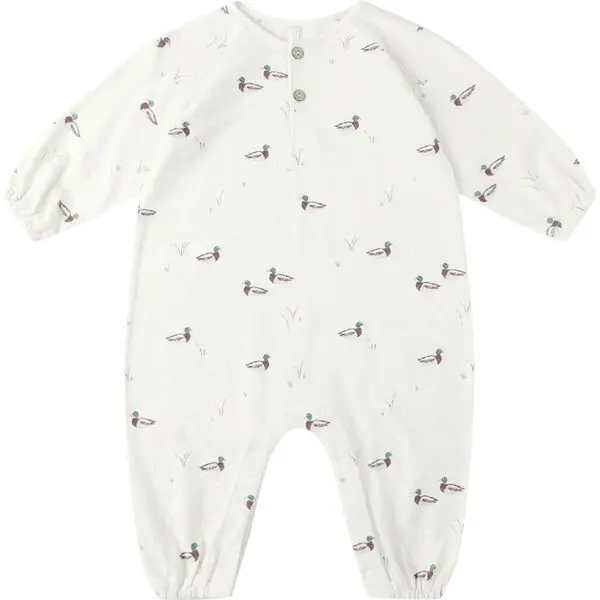RYLEE + CRU Duck Print Cotton Henley Bubble Romper - Ivory