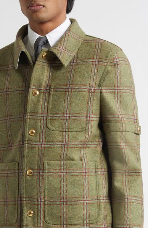 Thom Browne Plaid Wool Utility Shirt Jacket With Armbands