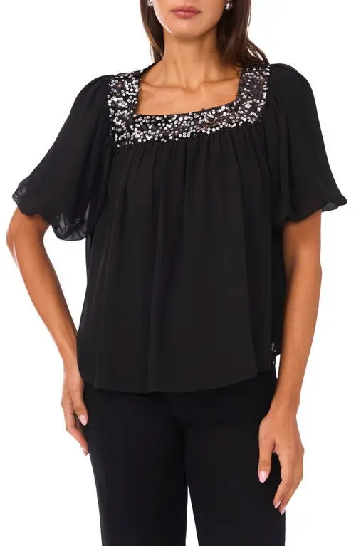 Vince Camuto Sequin Trim Puff Sleeve Top