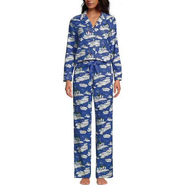LANDS' END Flannel 2 Piece Pajama Setlong Sleeve Shirt And Pants - Cobalt Blue Holiday Penguins